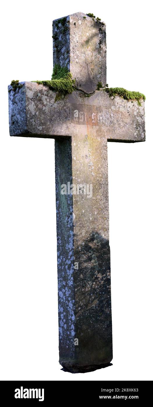 An old catholic cross made of stone covered by moss and isolated on the ...