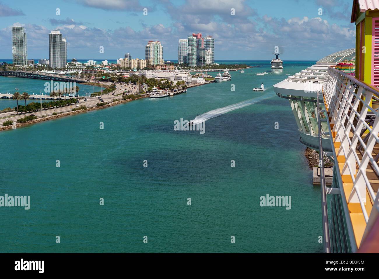 An aerial view of cityscape Miami with boats floating in water Stock ...