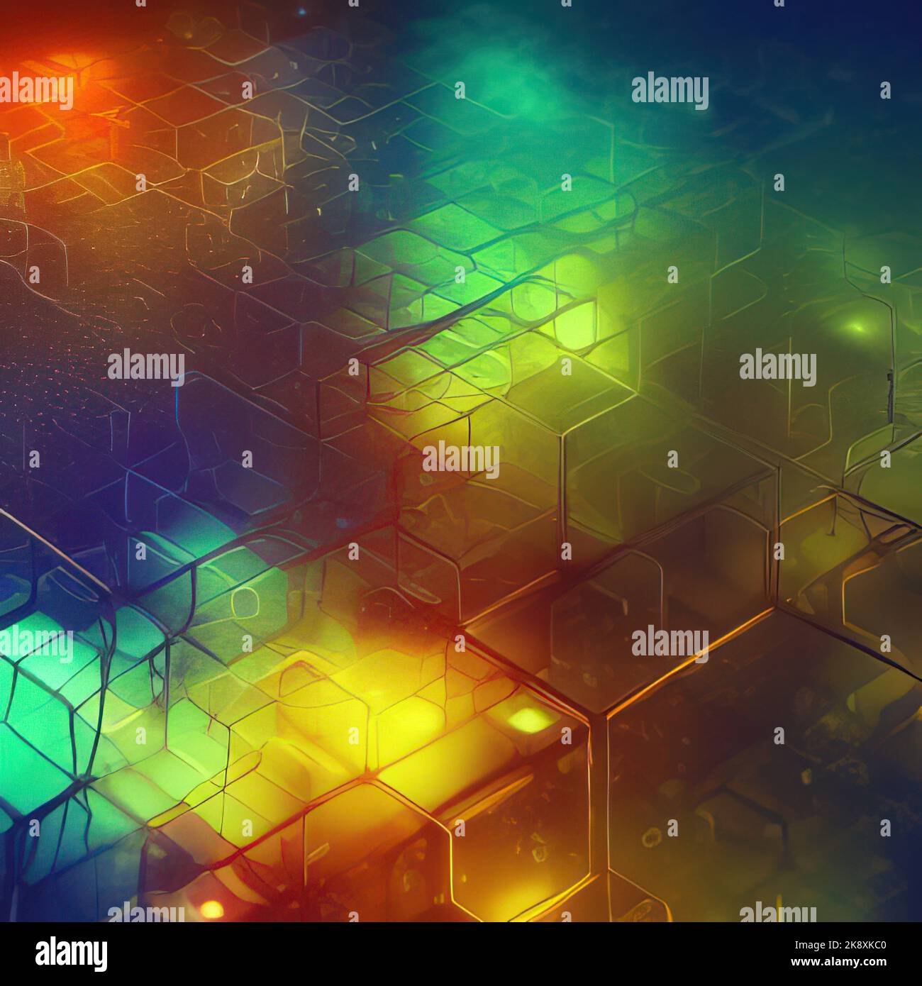 A 3D plane with transparent cubes through which colored light passes ...