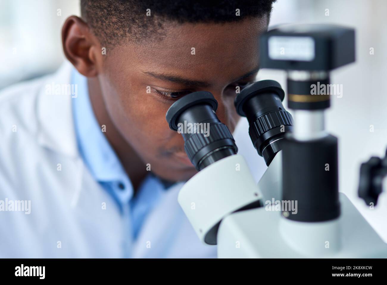 What can you see. a focused young male scientist looking at test ...