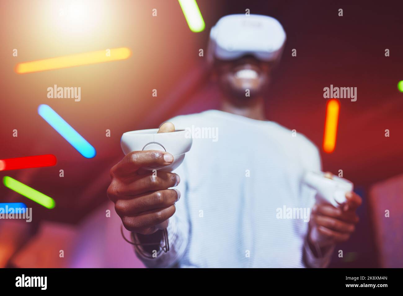 Man, VR gaming innovation and controller for metaverse, digital fantasy ...