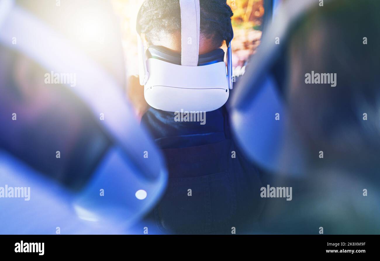 Metaverse, glasses and virtual reality gamer group playing online game ...