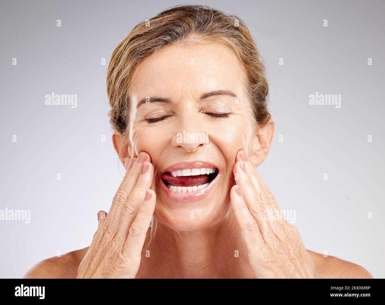 Skincare, beauty and face of a senior woman with wrinkles doing a ...