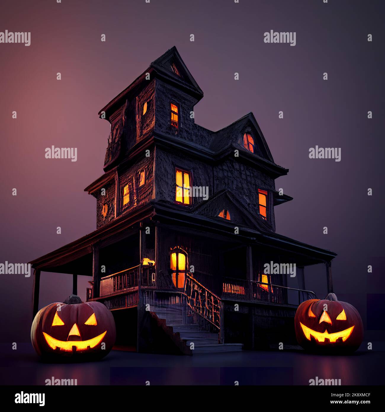 A 3D rendered Halloween background with pumpkins and haunted house ...