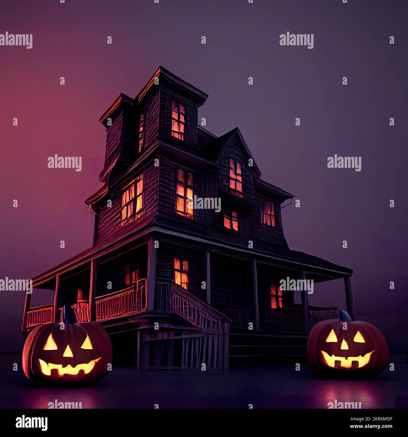 A 3D rendered Halloween background with pumpkins and haunted house ...
