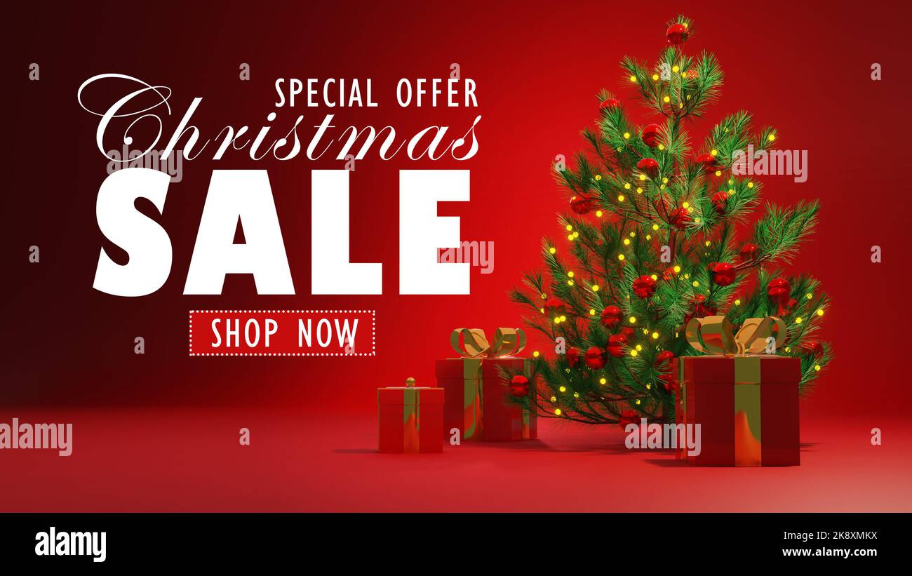 merry christmas shopping sale, red background with realistic gifts box ...