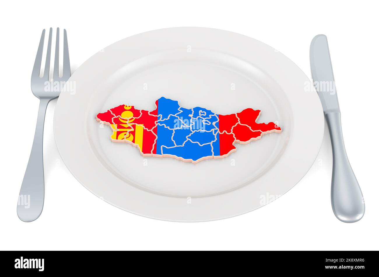 Mongolian cuisine concept. Plate with map of Mongolia. 3D rendering ...
