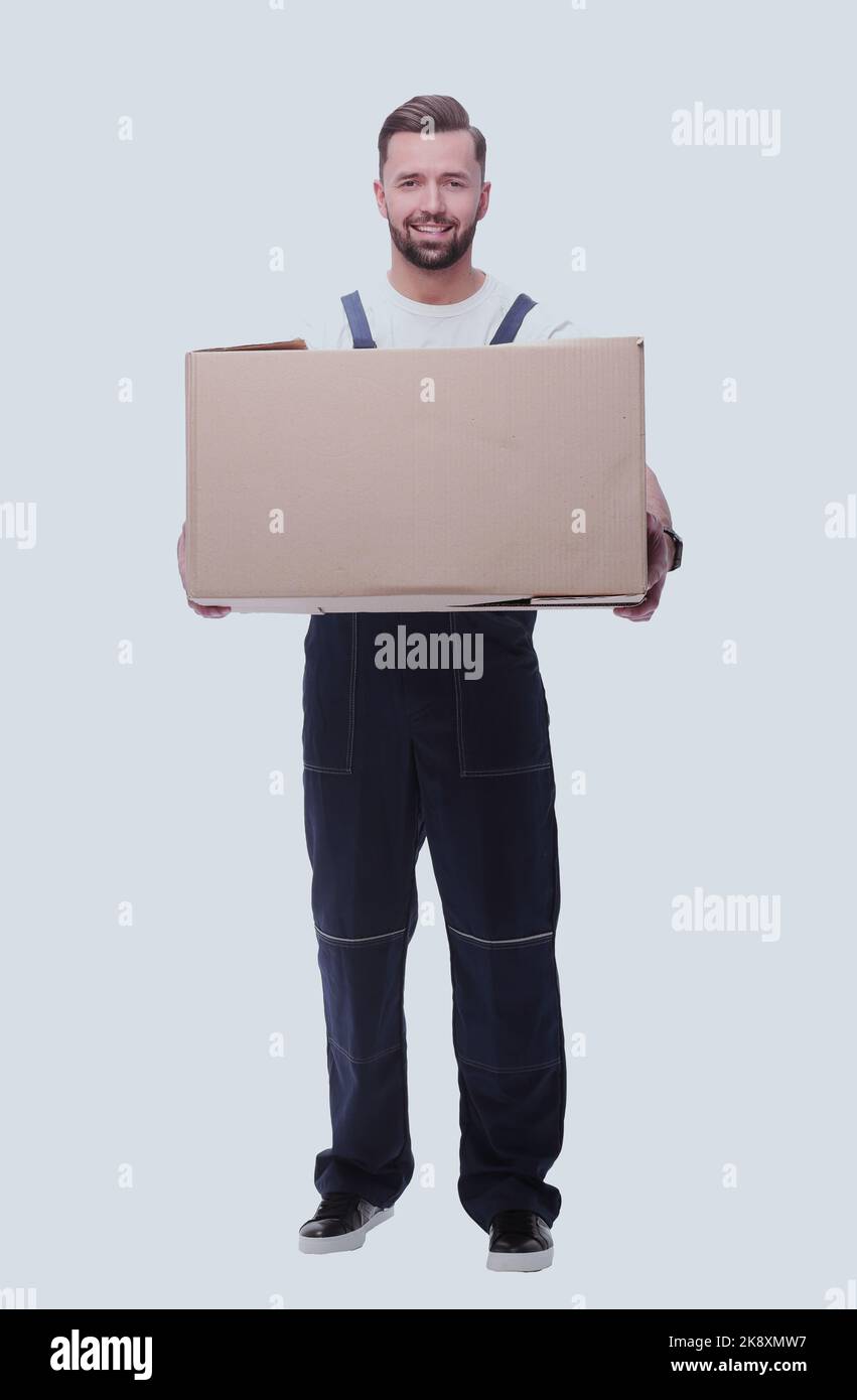 rear view. a young man with a cardboard box looking at the camera Stock ...
