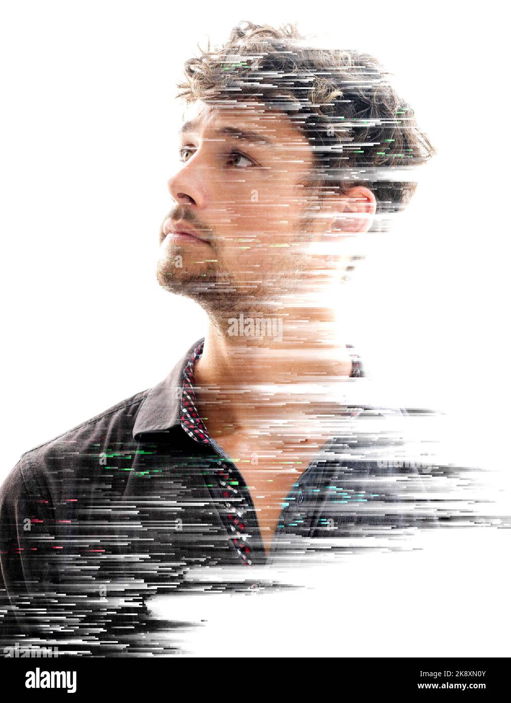 A flow of pixels and double exposure portrait Stock Photo - Alamy