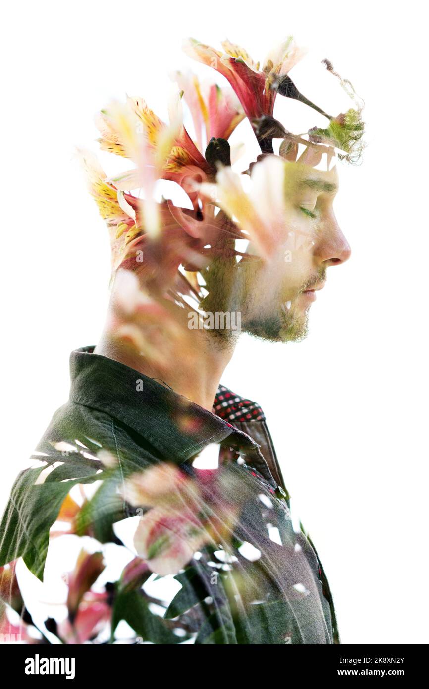 Colorful flowers combined with a portrait. Double exposure Stock Photo ...