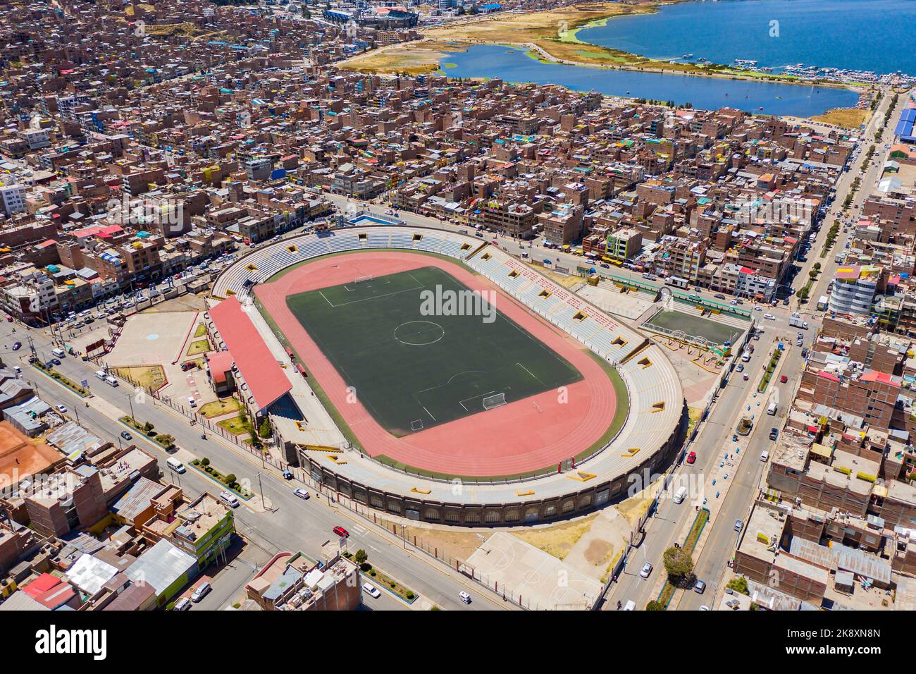Aerial view of the Enrique Torres Belon Stadium in Puno on Lake ...