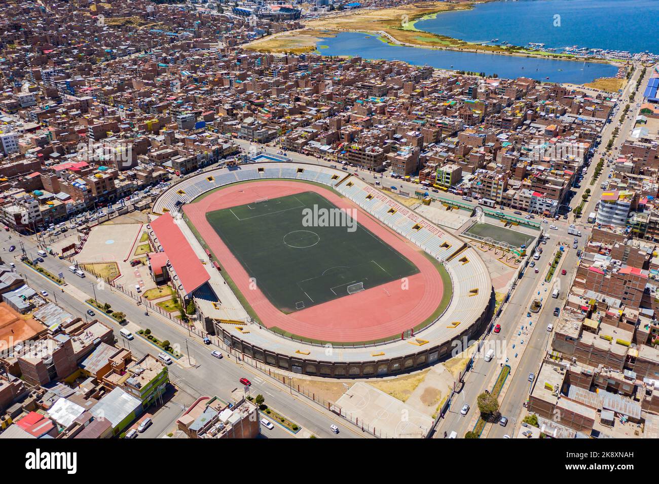 Puno, Peru - September 22, 2022: Aerial view of the Enrique Torres Belon Stadium in Puno on Lake ...