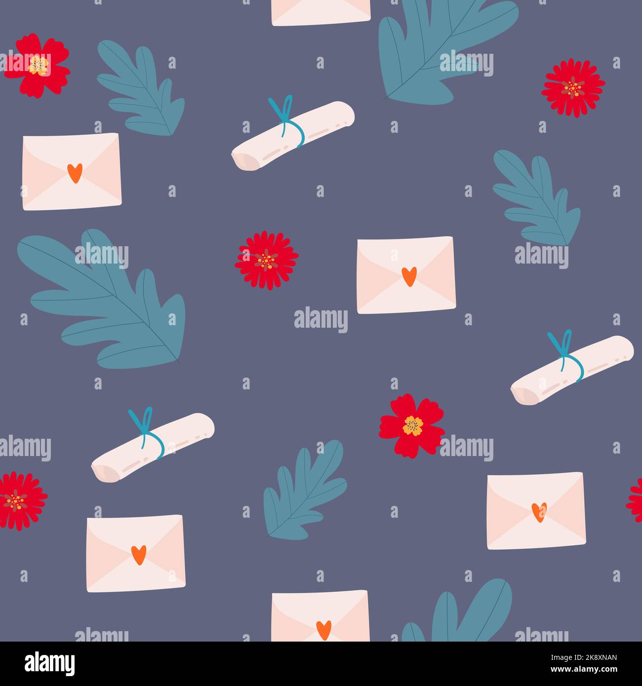 Vector. Cute seamless pattern of love with envelopes, mail, on a white ...