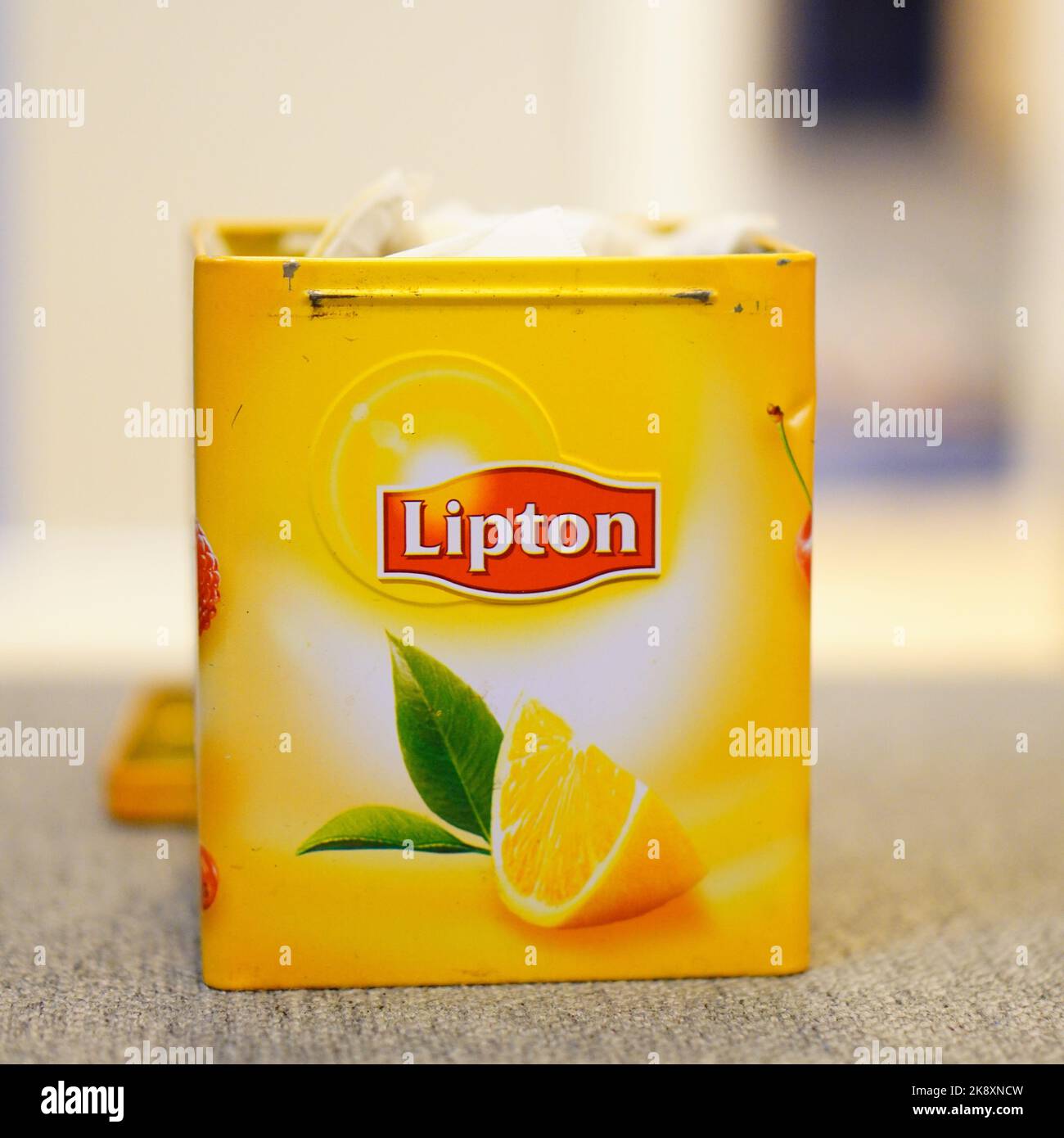 A closeup of Lipton brand yellow box of black tea in bags Stock Photo ...