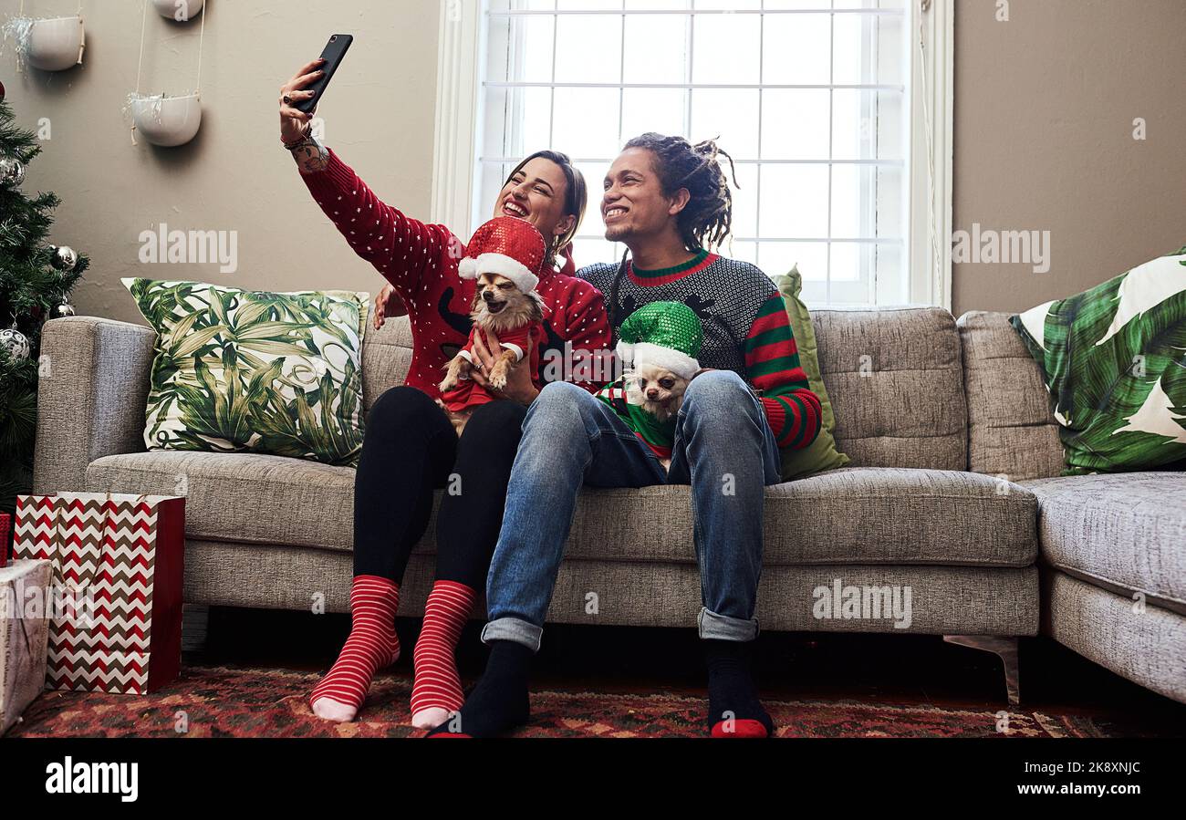 Selfie time. a cheerful young couple holding their pet dogs while ...