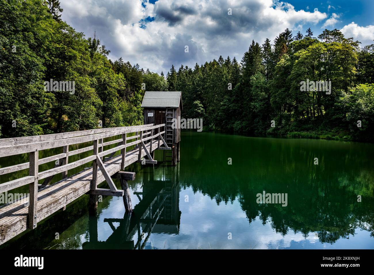 A wooden bridge on a river surrounded by trees under cloudy sky Stock ...