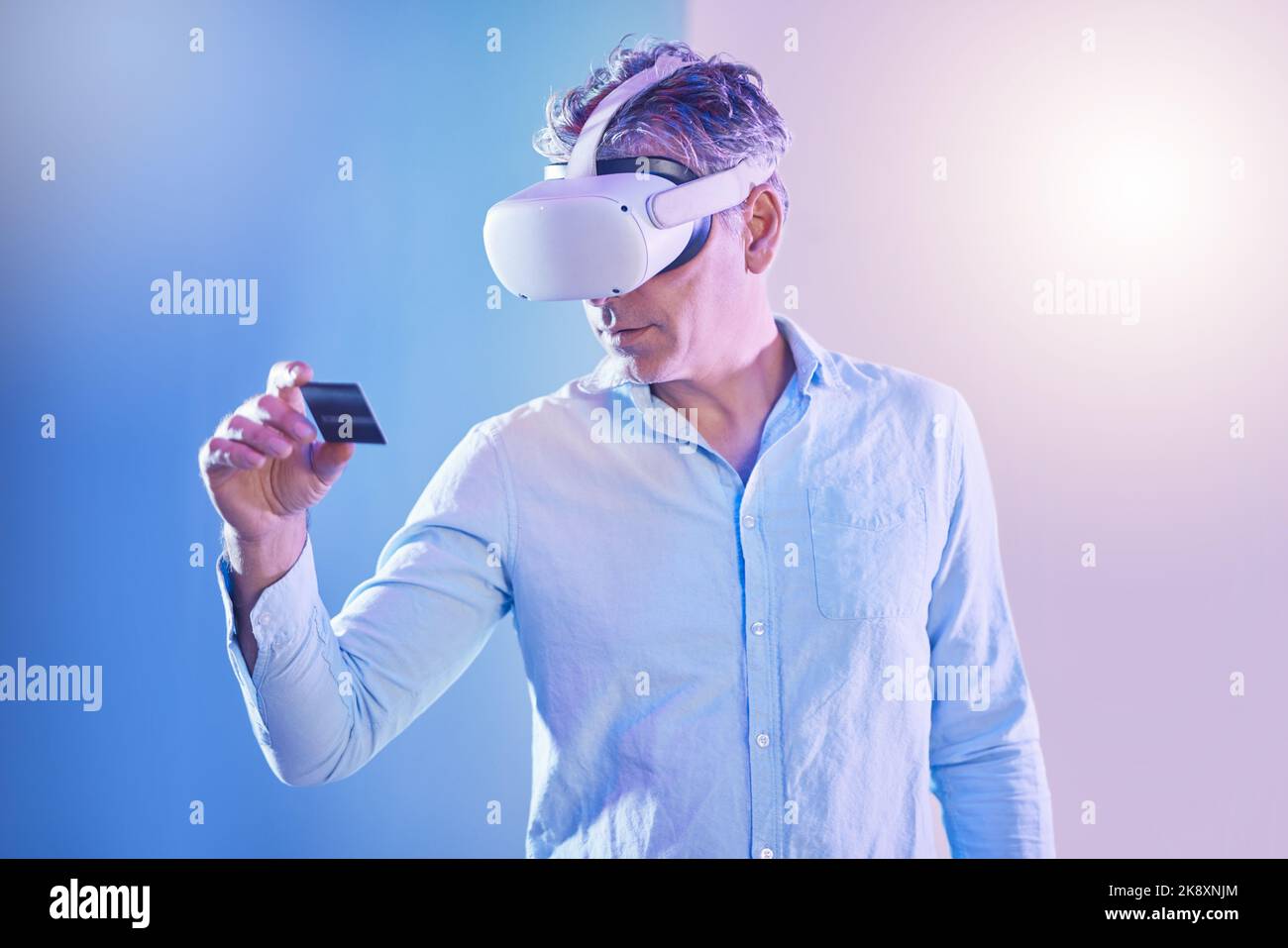 Credit card, finance and man in with virtual reality metaverse glasses ...