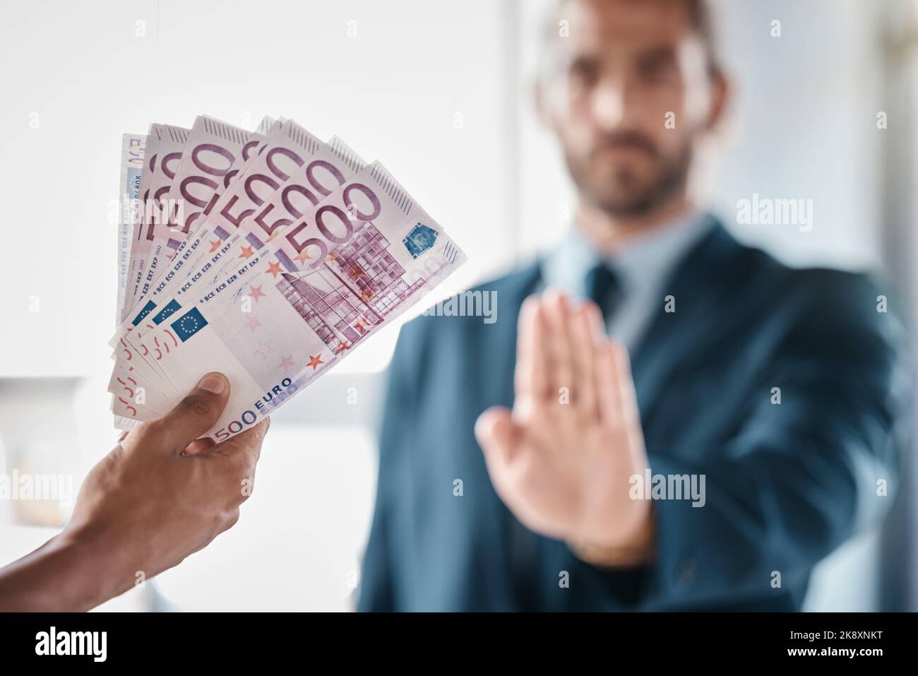Bribe, money and fraud businessman stop hands for money laundering ...