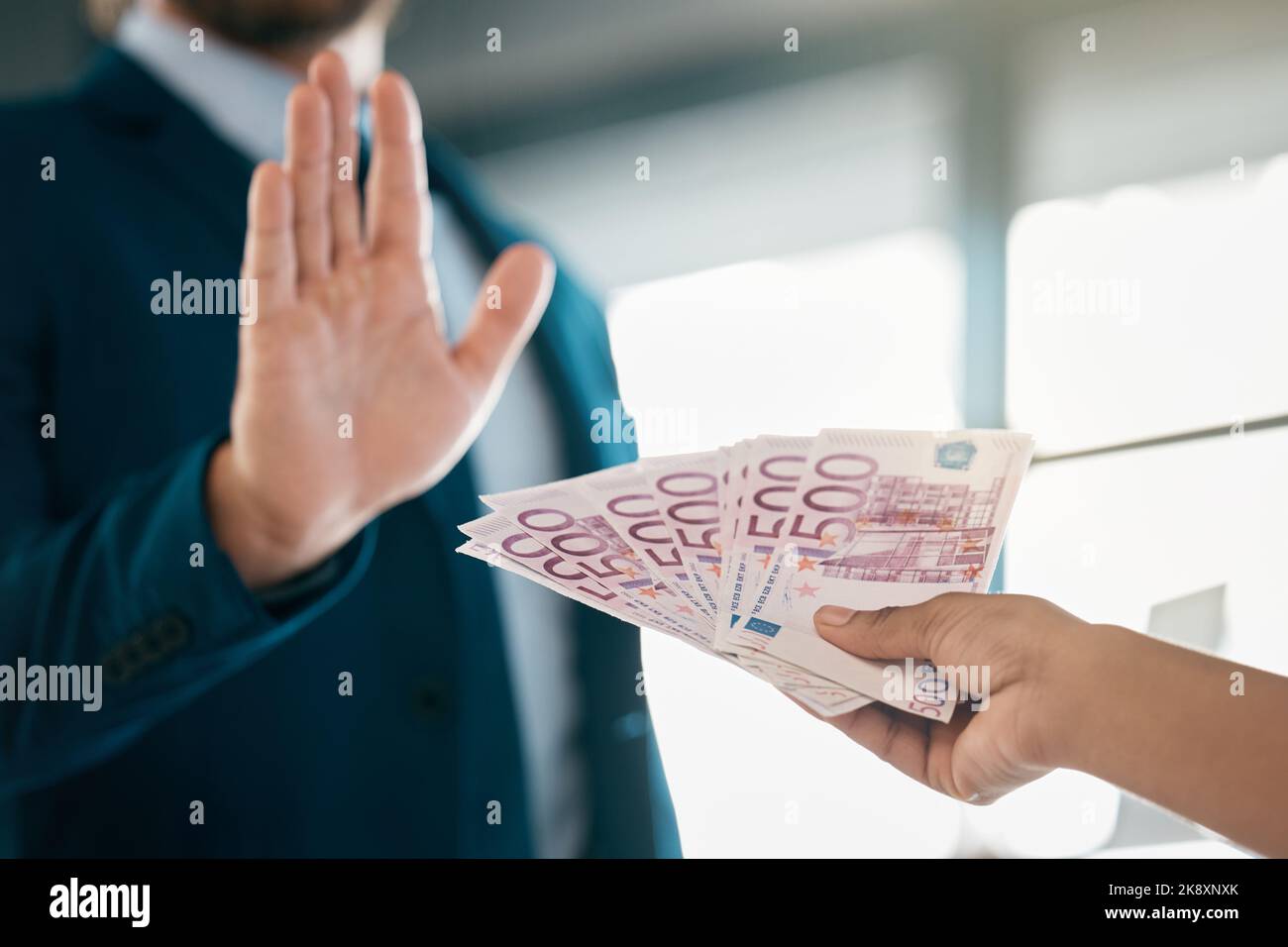 Money, finance and hand of a businessman saying stop fraud, corruption ...