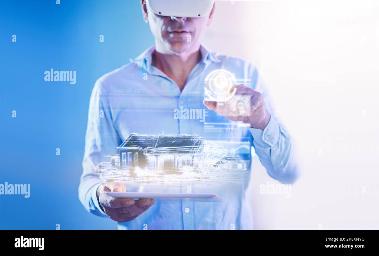 Man, vr and architect with model, building or house for 3d, virtual and ...