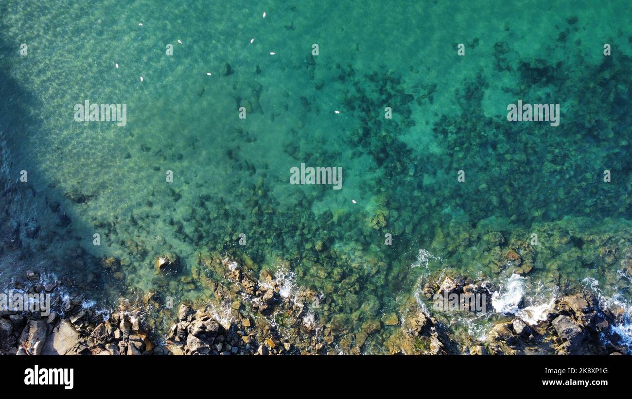 An aerial view of a rocky shore with beautiful and transparent water ...