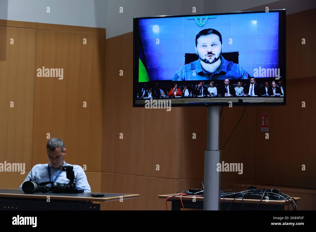Ukrainian president Volodymyr Zelensky delivers a video address to the ...