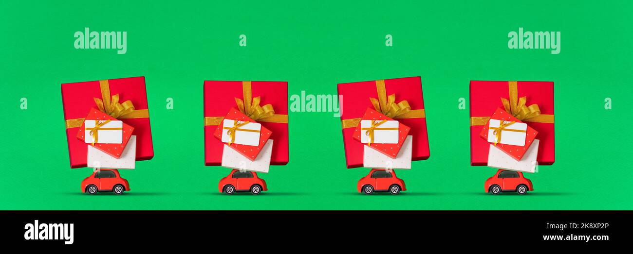 Abstract gift delivery background, red cars transport gifts, gift boxes ...