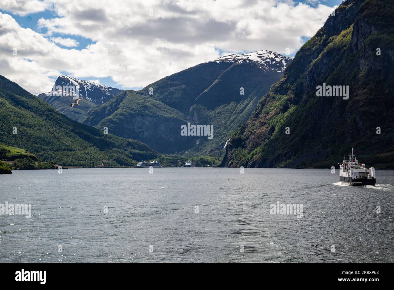A boat sailing in Narrow Fjord surrounded by mountains in Norway Stock ...