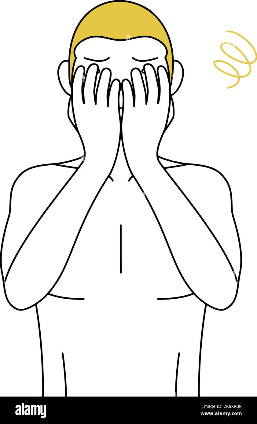 Line drawing of a man with epilated hair, depressed pose with his hands ...