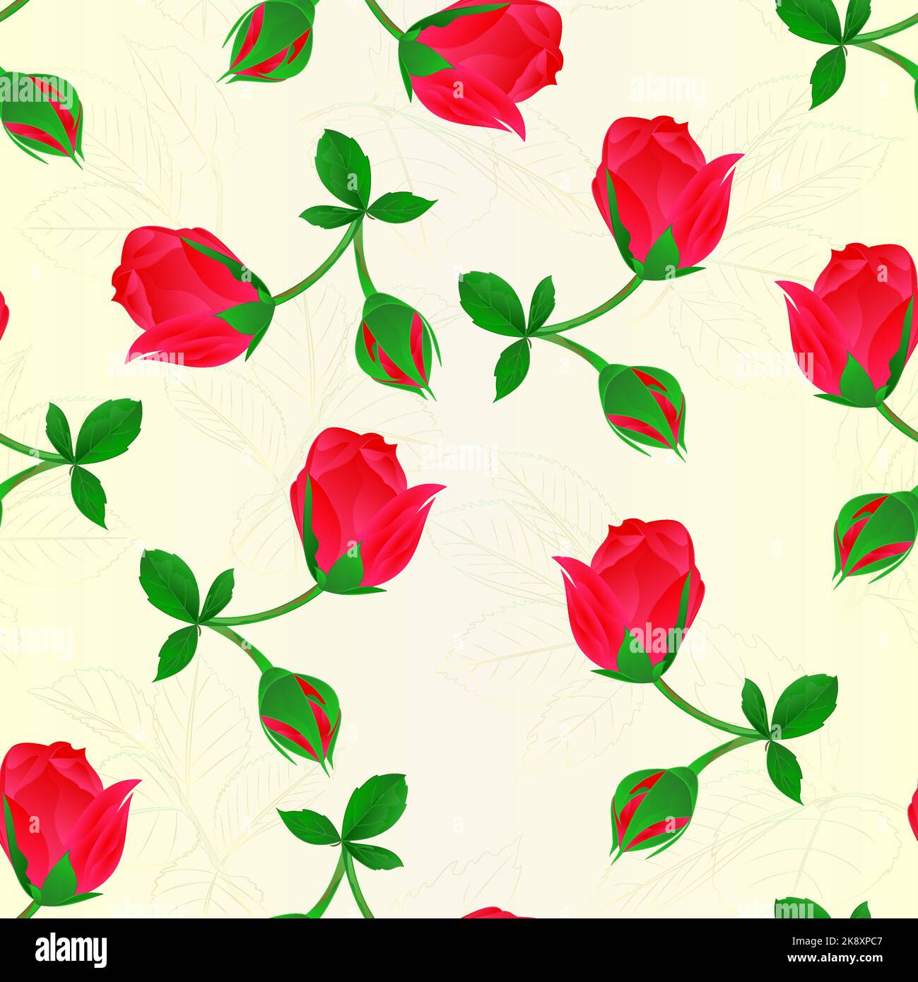 Seamless texture red Rosebud stem with leaves and blossoms vintage vector illustration editable ...