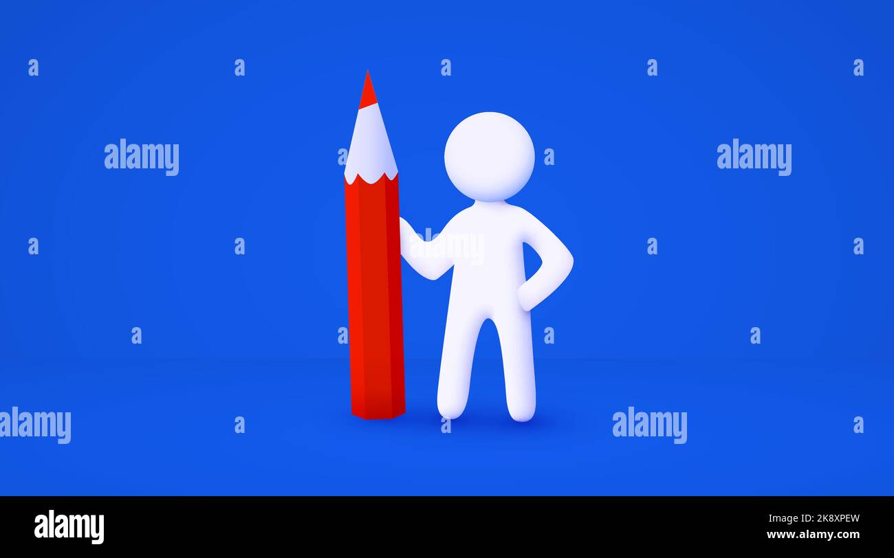 3d white cartoon man holding big red pencil. Creativity concept. Isolated blue background ...