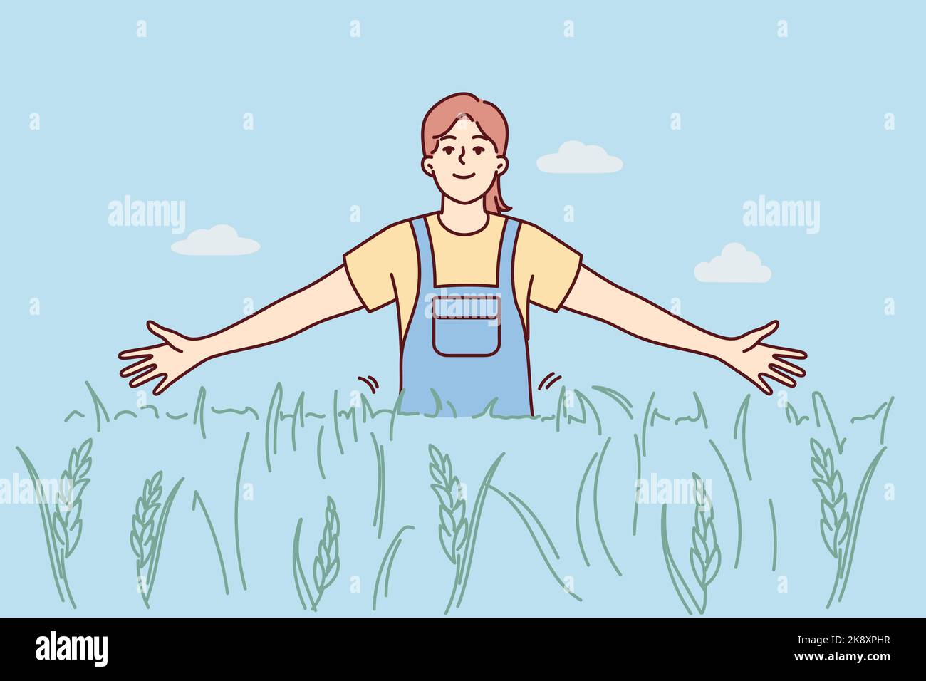 Smiling girl walking in field enjoying sunny weather outdoors. Happy ...