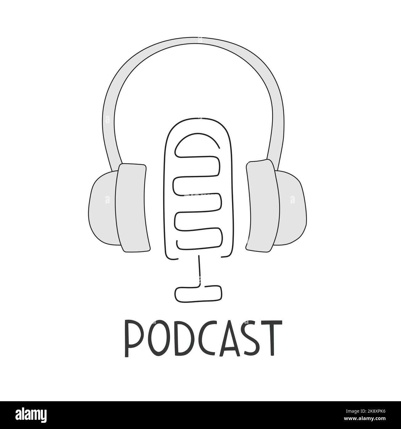 Vector line illustration text Podcast, mic and earphones. Can use for ...