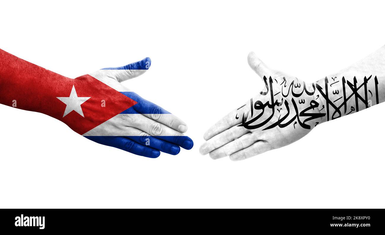 Handshake between Afghanistan and Cuba flags painted on hands, isolated ...