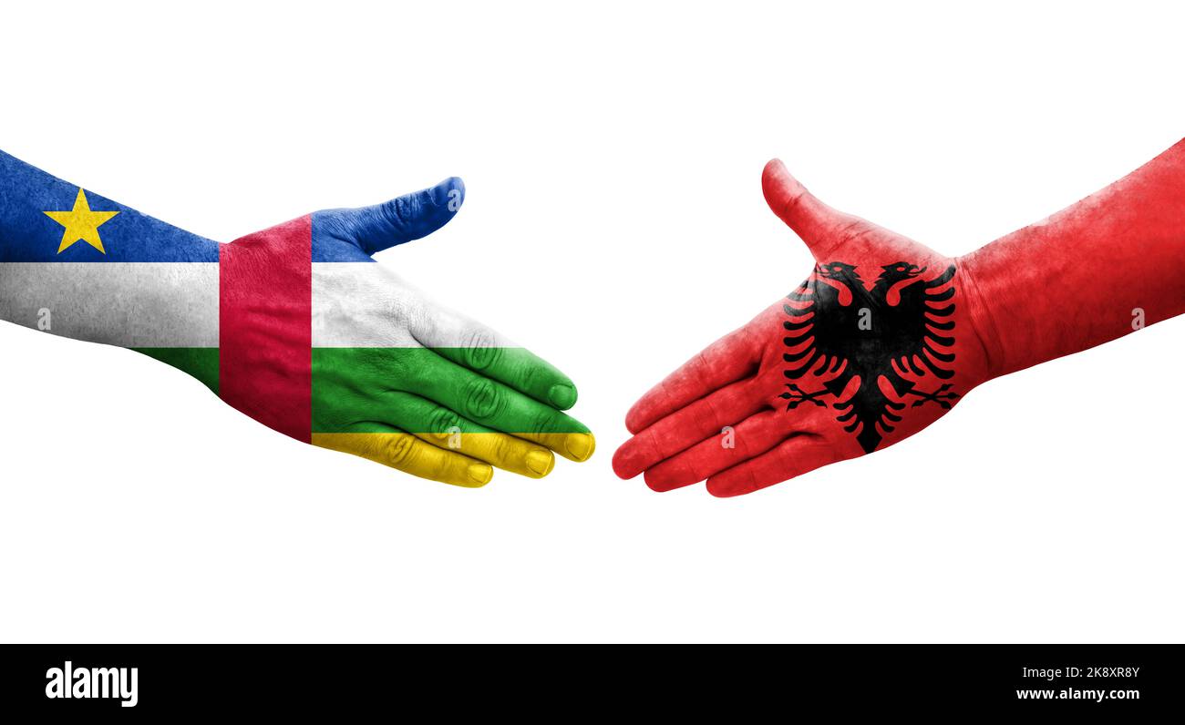 Handshake between Albania and Central African Republic flags painted on ...