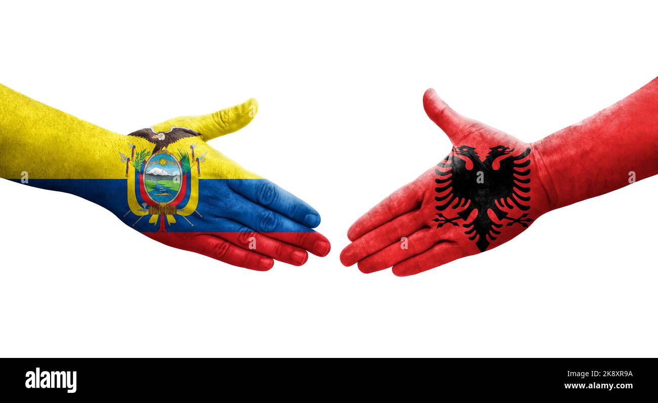 Handshake between Albania and Ecuador flags painted on hands, isolated ...