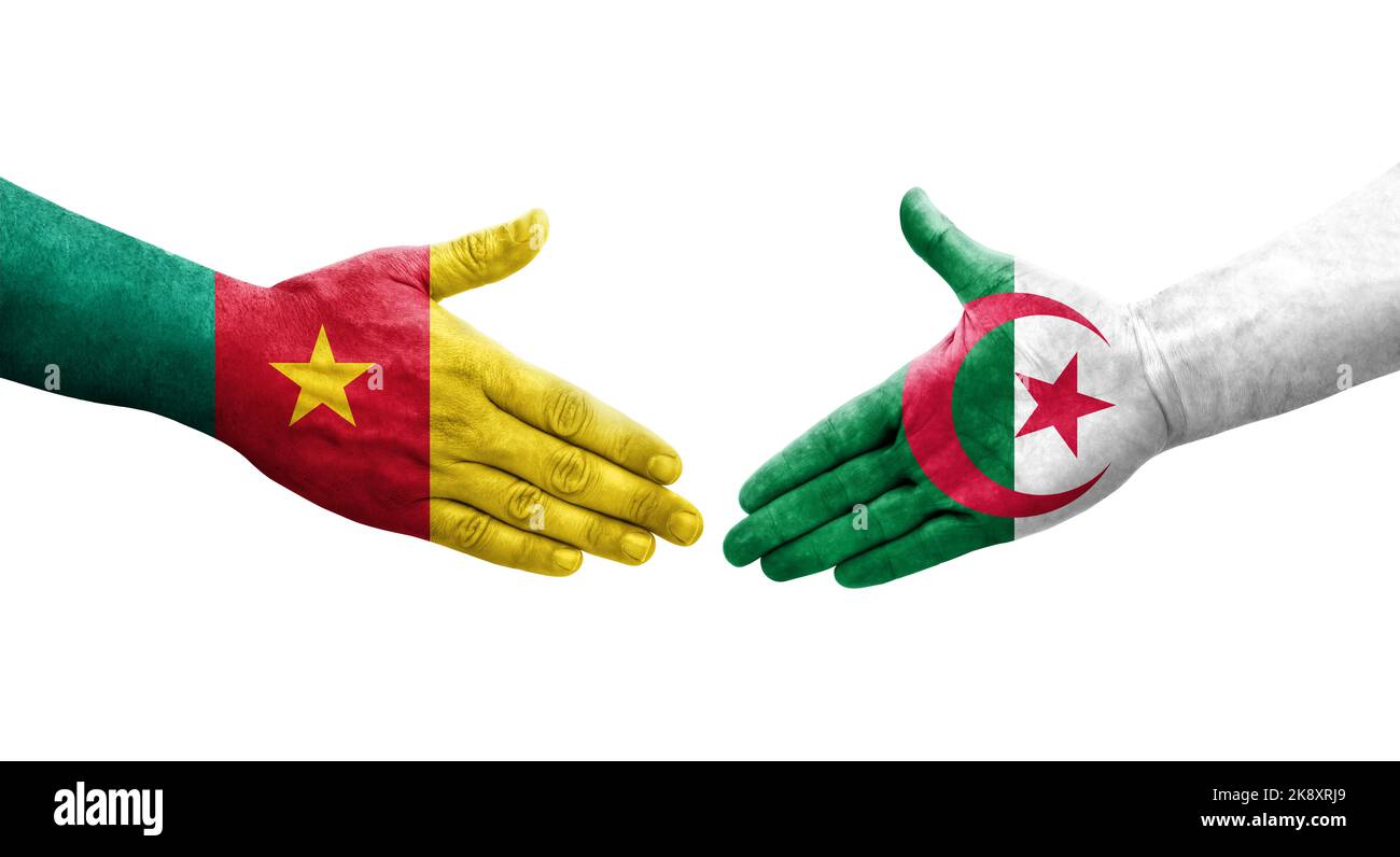 Handshake between Algeria and Cameroon flags painted on hands, isolated ...