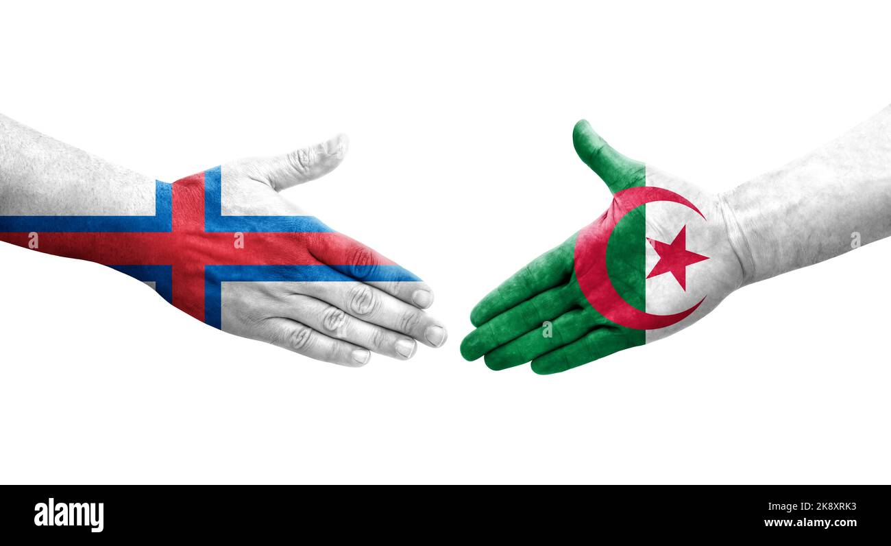Handshake between Algeria and Faroe Islands flags painted on hands ...