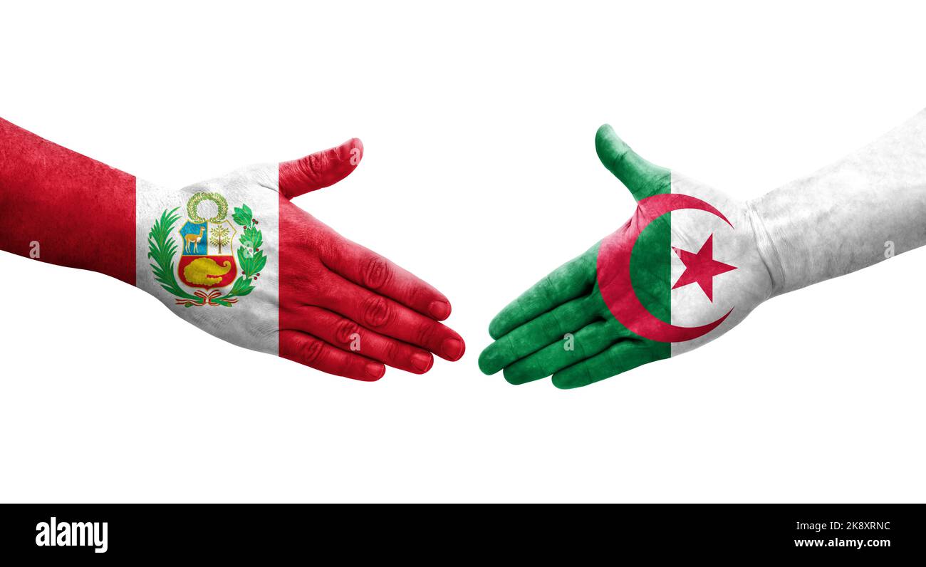 Handshake between Algeria and Peru flags painted on hands, isolated ...