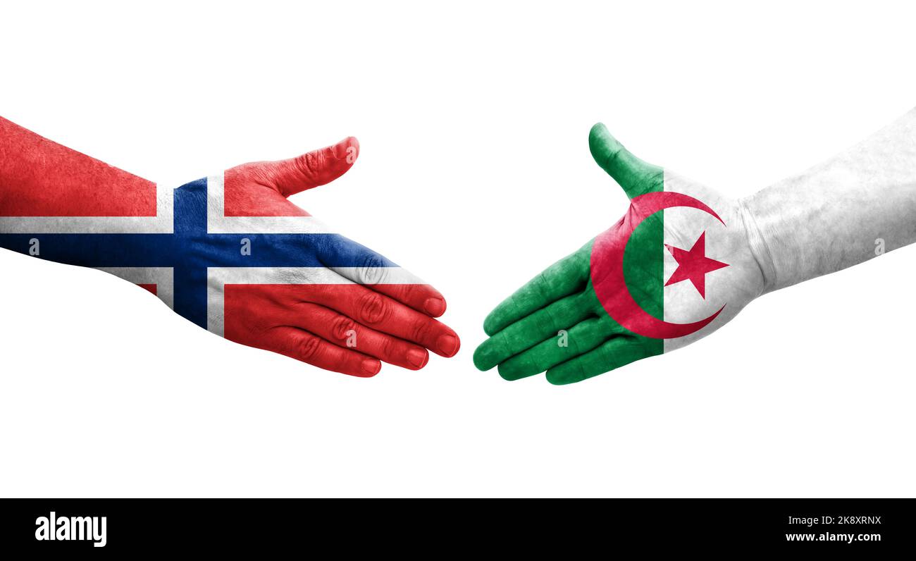 Handshake between Algeria and Norway flags painted on hands, isolated ...