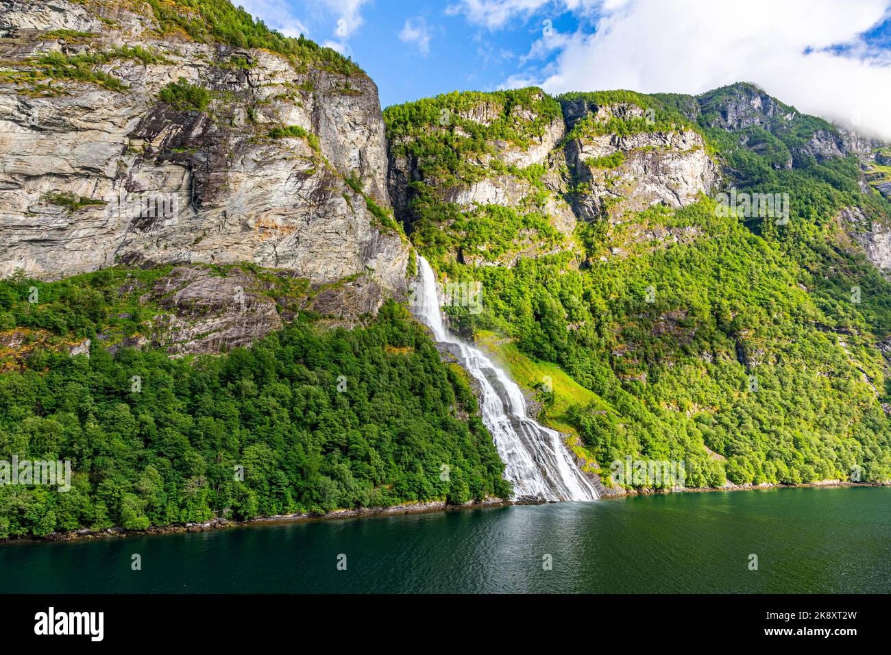 View on Friarfossen waterfall in Geiranger fjord from cruise ship Stock ...