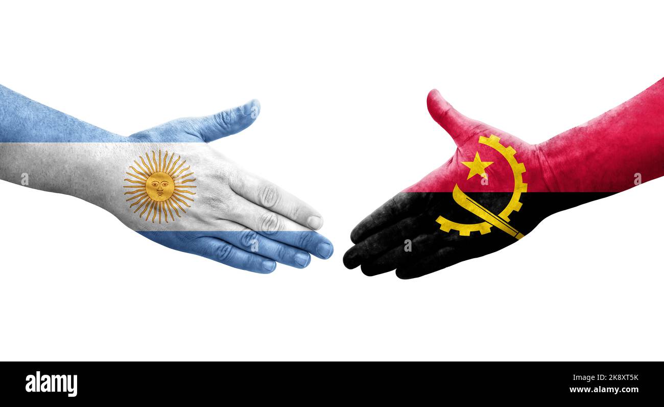 Handshake between Angola and Argentina flags painted on hands, isolated ...
