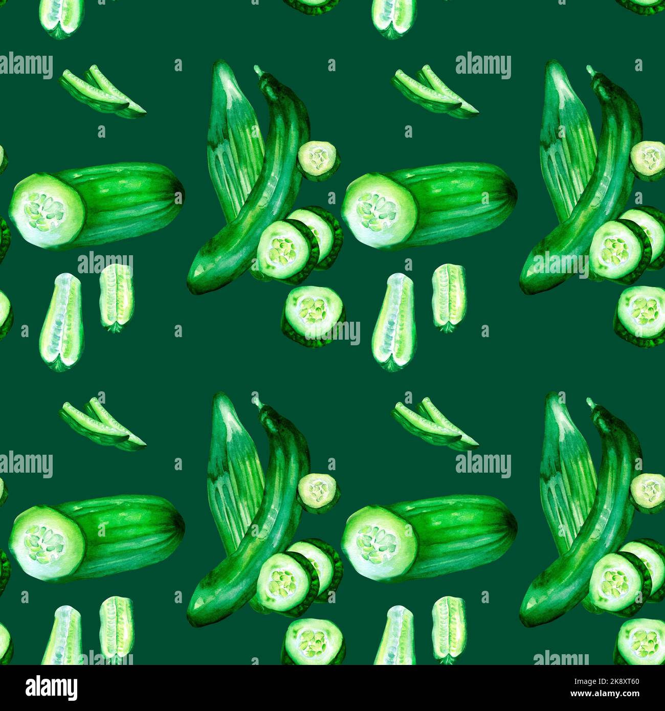 Green cucumbers plant watercolor illustration seamless pattern on dark ...