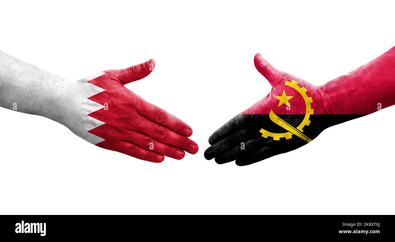 Handshake between Angola and Bahrain flags painted on hands, isolated ...