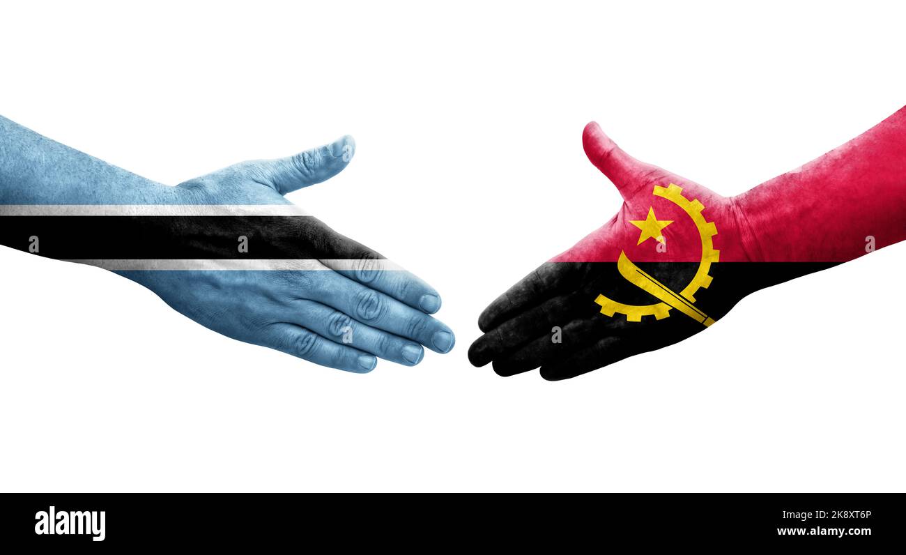 Handshake between Angola and Botswana flags painted on hands, isolated ...