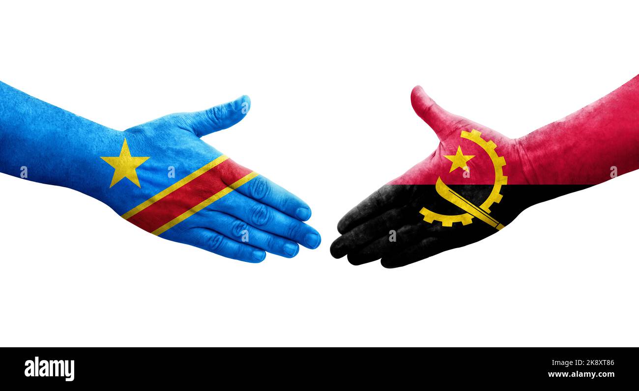 Handshake between Angola and Dr Congo flags painted on hands, isolated ...