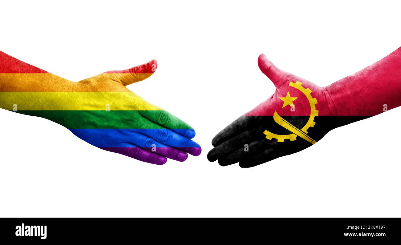 Handshake between Angola and LGBT flags painted on hands, isolated ...