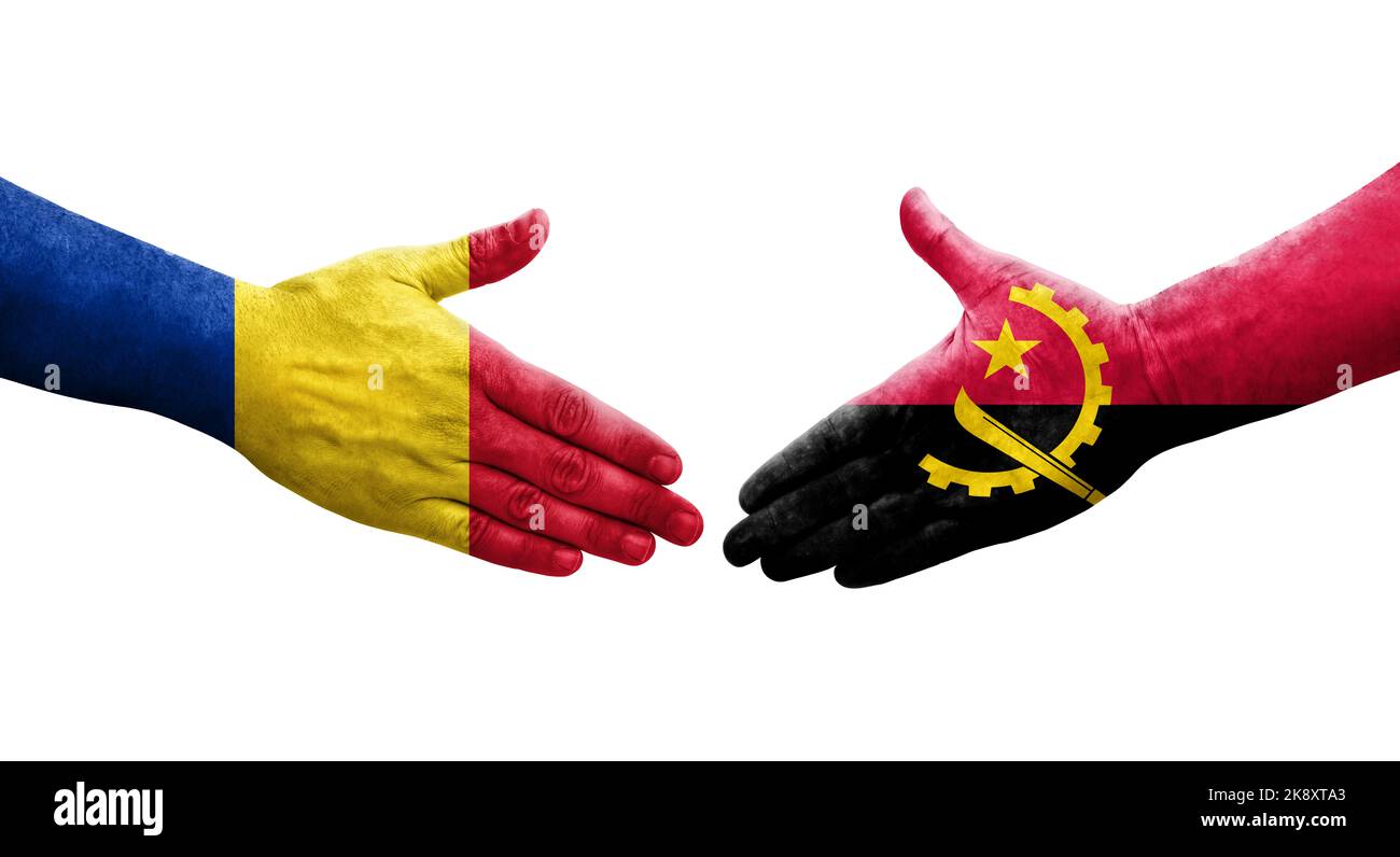 Handshake between Angola and Romania flags painted on hands, isolated ...