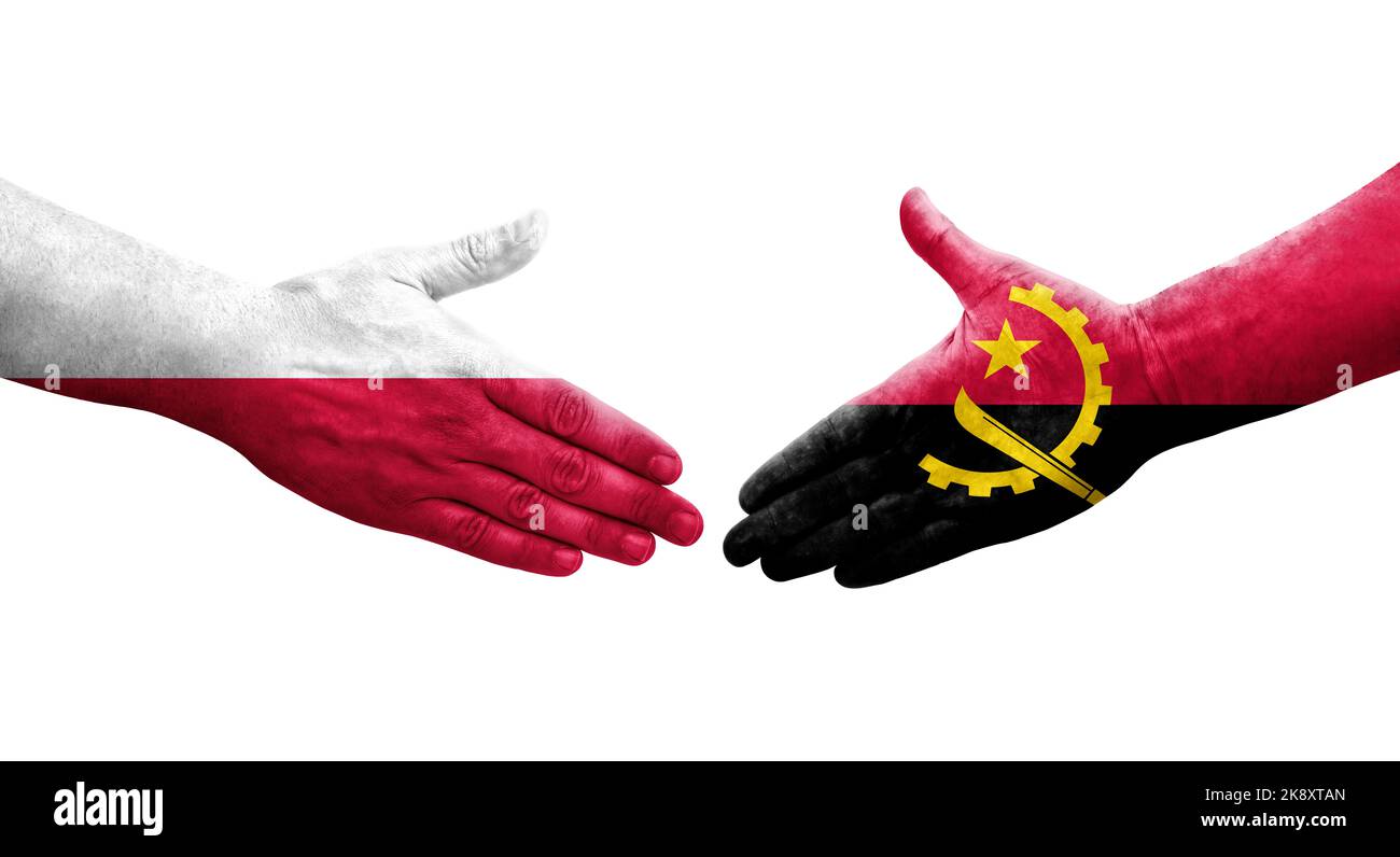Handshake between Angola and Poland flags painted on hands, isolated ...