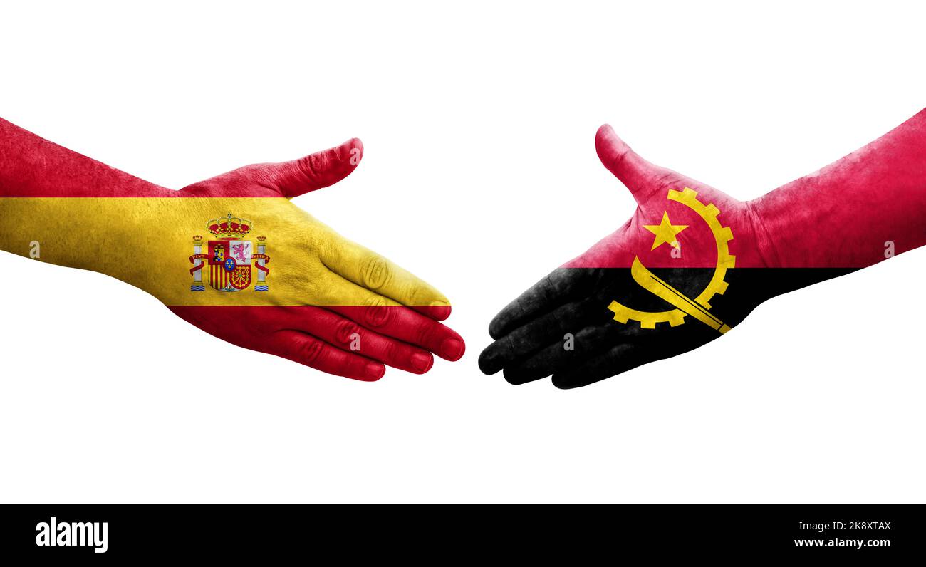 Handshake between Angola and Spain flags painted on hands, isolated ...